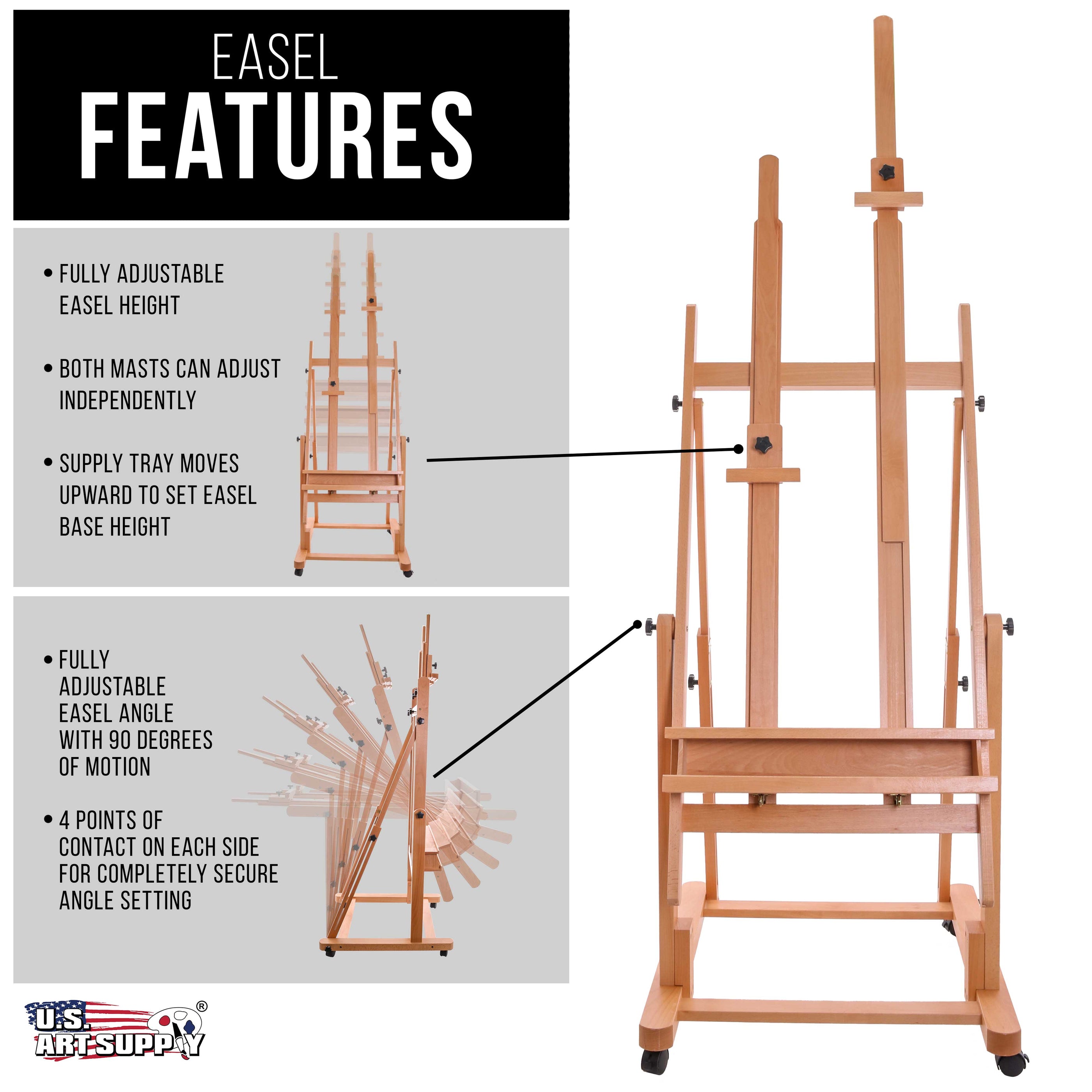 U.S. Art Supply Double Mast Wooden H-Frame Studio Easel, Adjust Tray