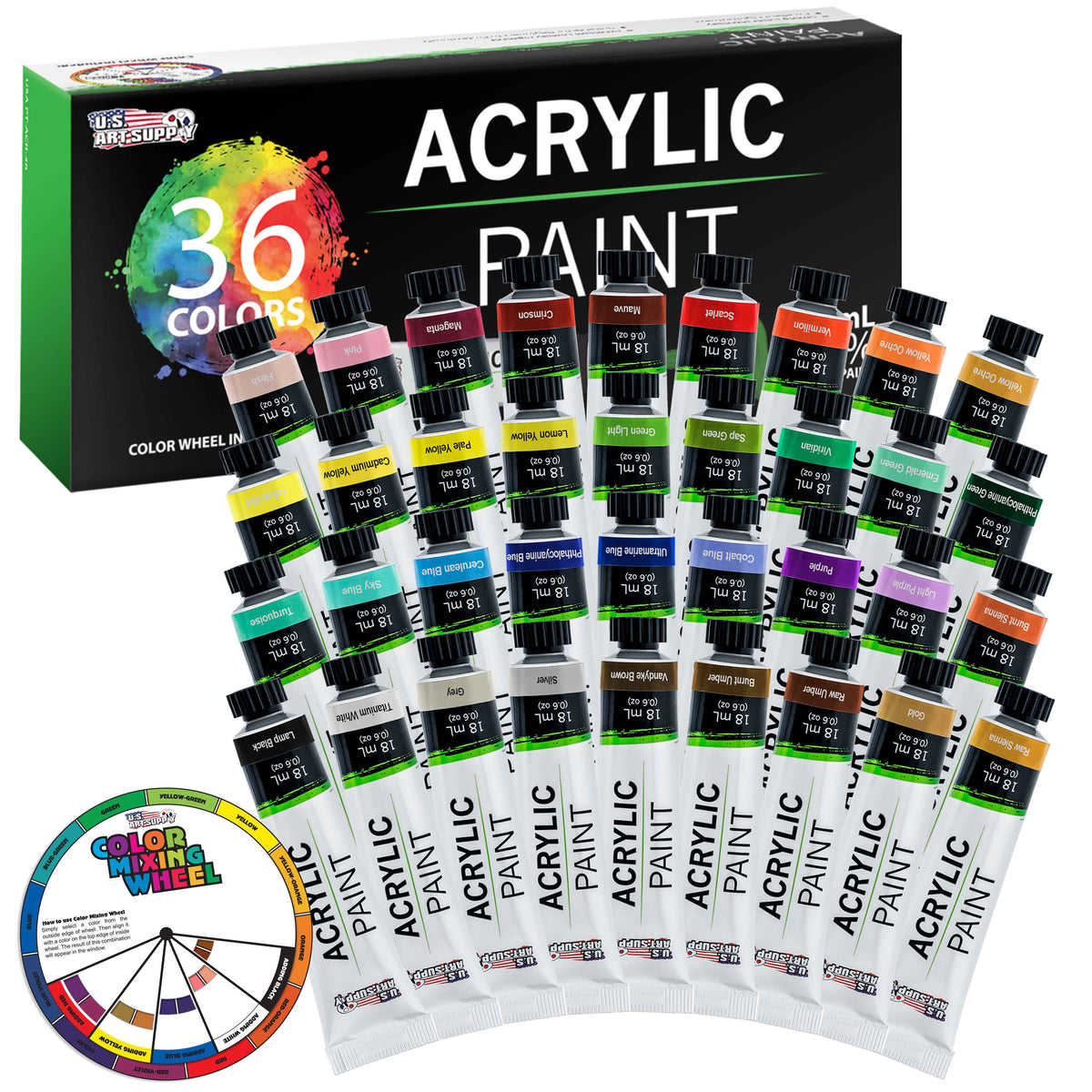 36 Color Set of Acrylic Paint In Large 18Ml Tubes Color Mixing Wheel ...