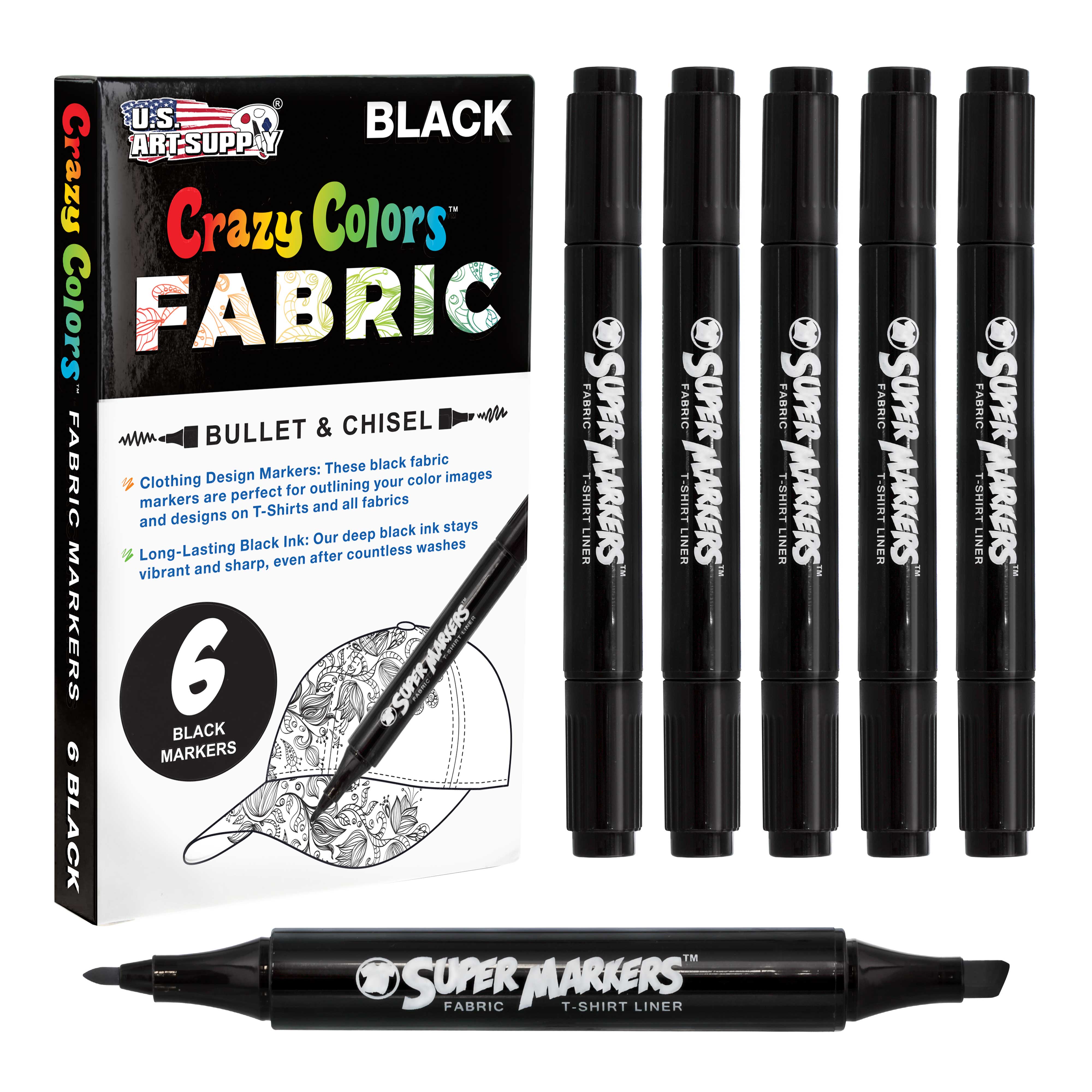 U.S. Art Supply Super Markers Black Dual Tip Fabric Markers Permanent