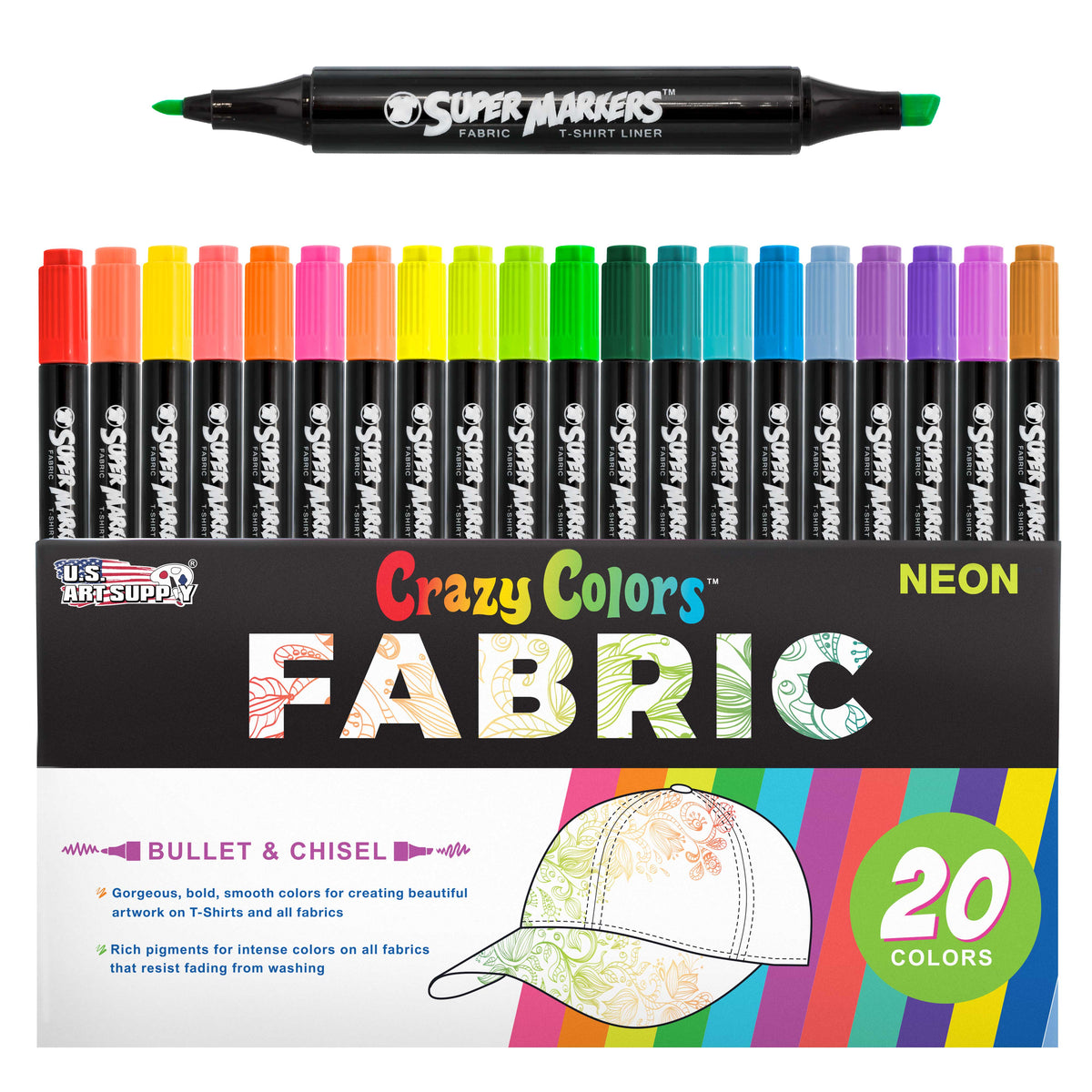 U.S. Art Supply Super Markers 20 Neon Dual Tip Fabric Markers - Fine